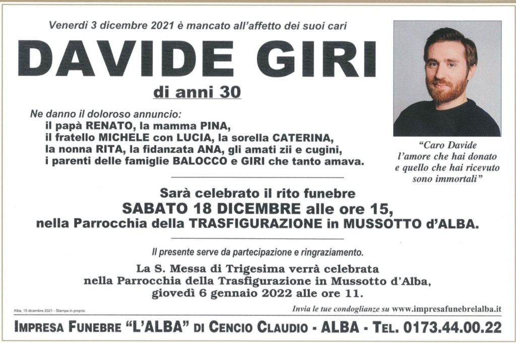 Le ceneri di Davide Giri sono in Italia: sabato i funerali ad Alba del giovane ucciso a New York
