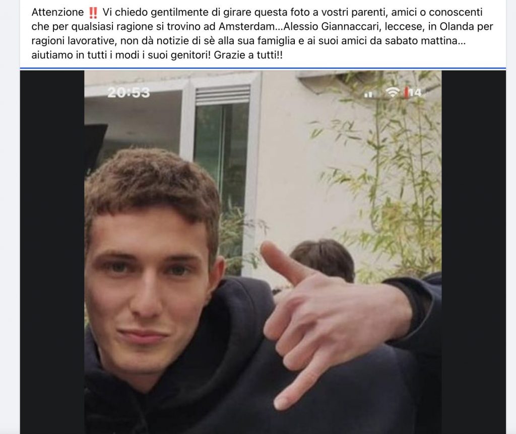 Trovato morto ad Amsterdam il 19enne Alessio Giannaccari: era scomparso da tre giorni