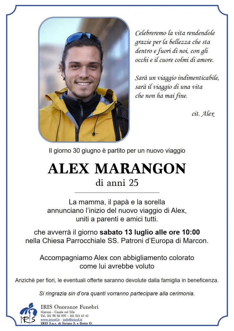 Funerali di Alex Marangon: “Venite vestiti con tutti i colori del mondo ...