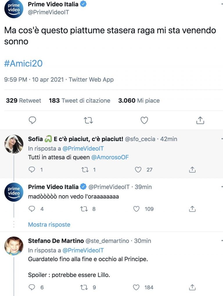 Il profilo di Amazon Prime Video su Amici 2021: "Che piattume stasera ...