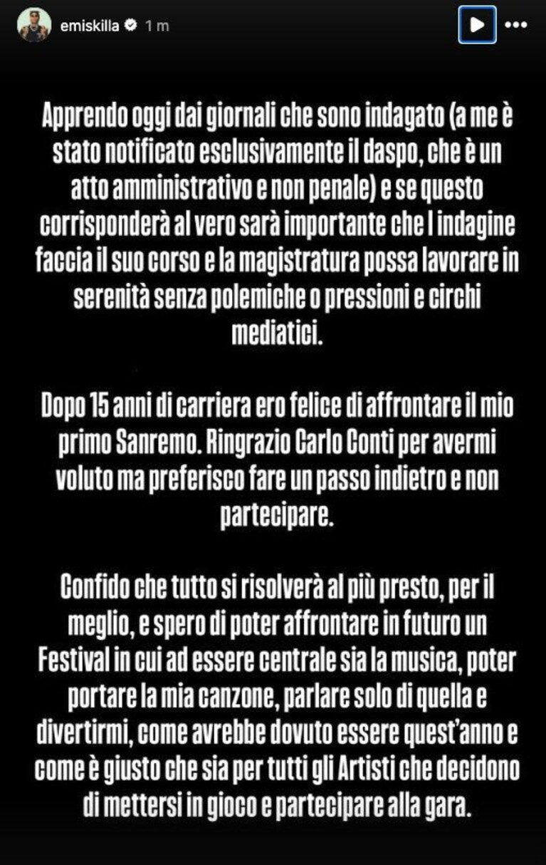 Emis Killa si ritira da Sanremo 2025 dopo l'indagine per associazione a ...