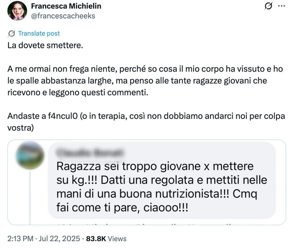 Francesca Michielin insultata per il fisico: "Andate a fancu*o. Basta ...