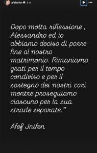 Afef Jnifen annuncia la fine del matrimonio con Alessandro Del Bono, erano le sue quarte nozze