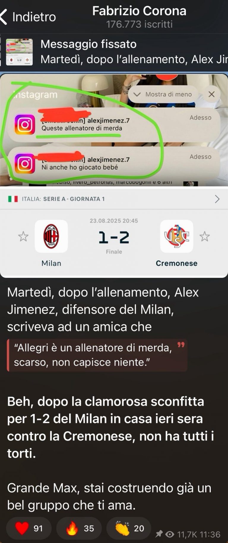 Alex Jimenez ceduto dal Milan un giorno dopo la chat contro Allegri ...