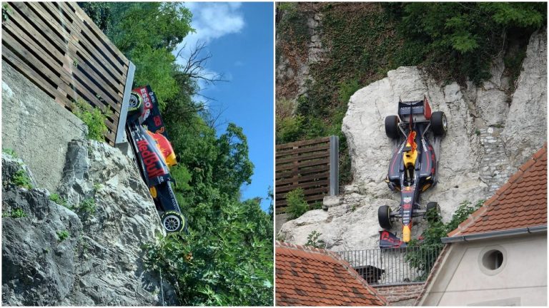 C'è una Red Bull da Formula 1 abbandonata su una parete rocciosa in un ...