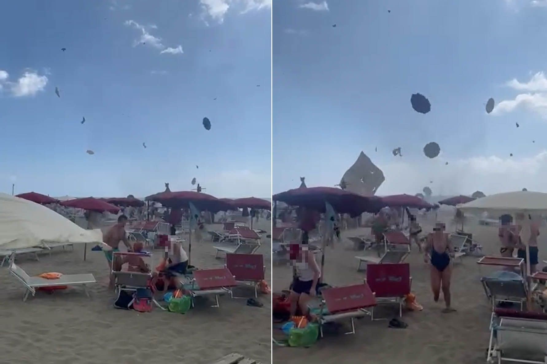 Tromba d'aria in spiaggia a Maccarese: volano ombrelloni, bagnanti in fuga