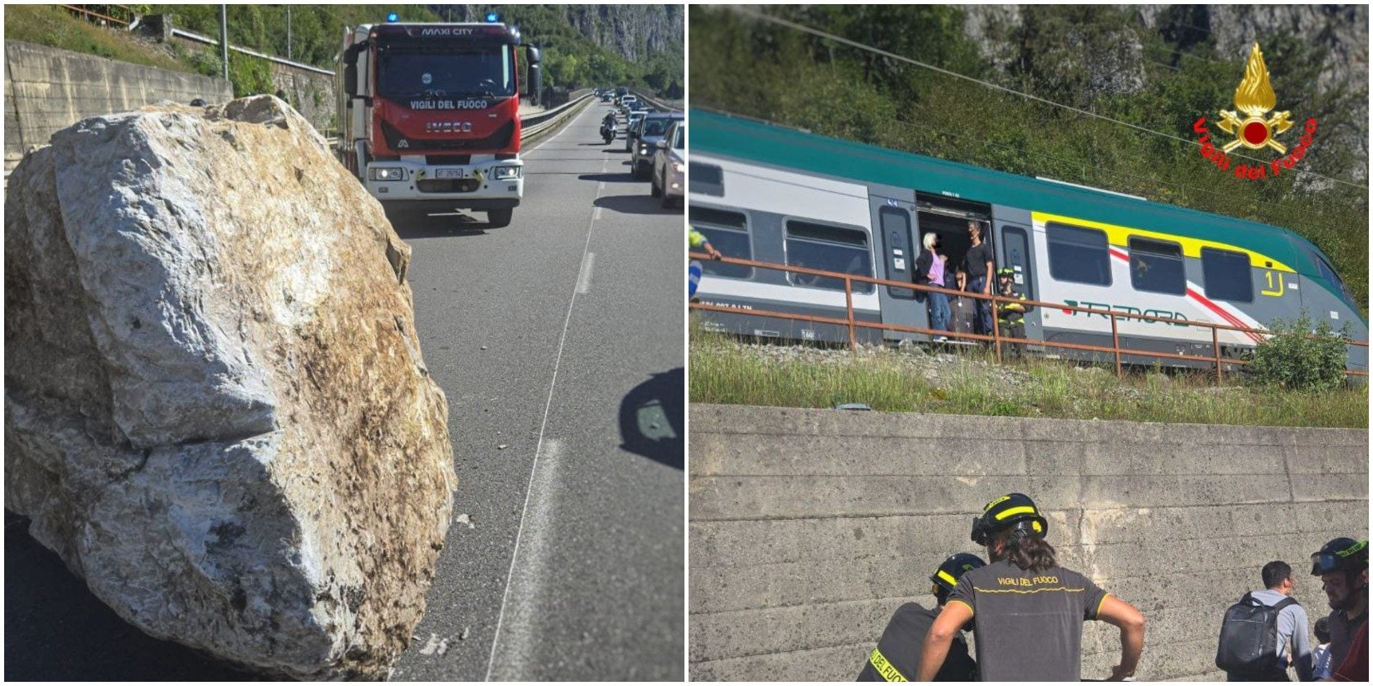 Masso sfiora un treno e finisce sulla strada statale 36, più di 150 ...